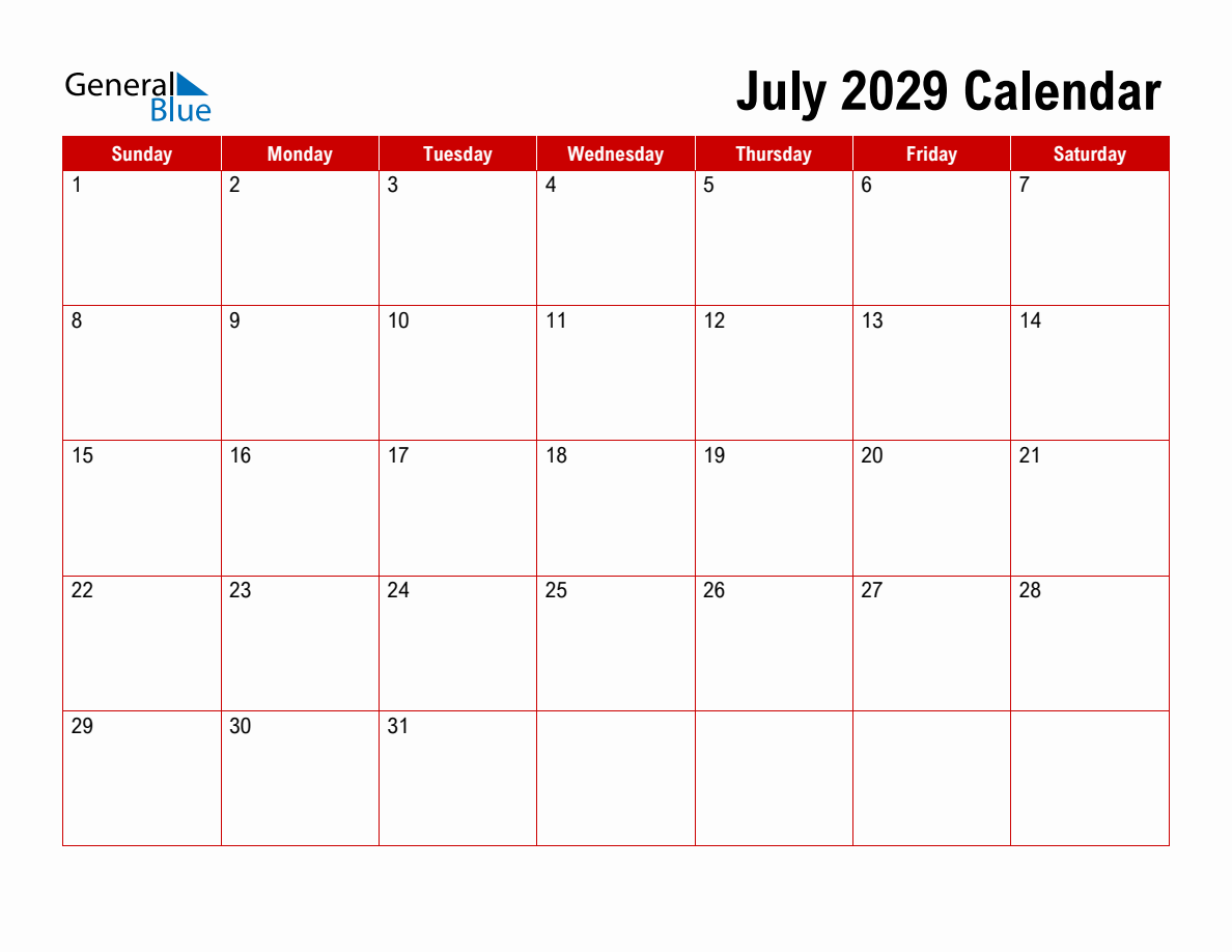 Basic Monthly Calendar - July 2029