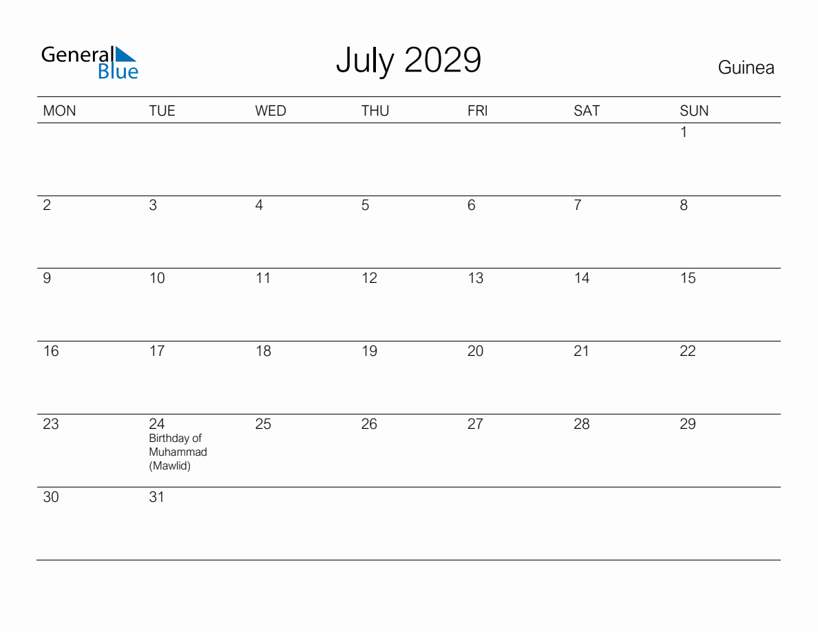 Printable July 2029 Monthly Calendar with Holidays for Guinea (Monday ...