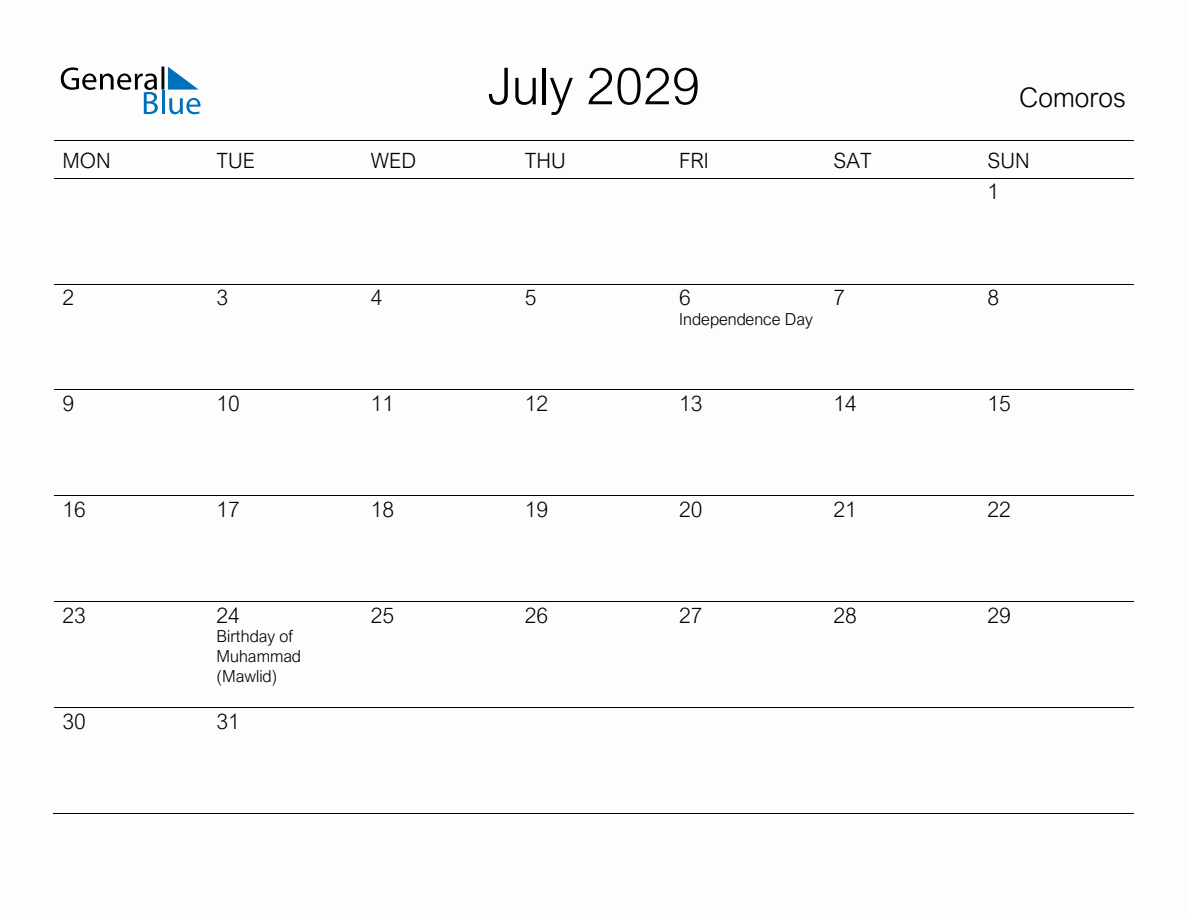 Printable July 2029 Monthly Calendar with Holidays for Comoros (Monday ...