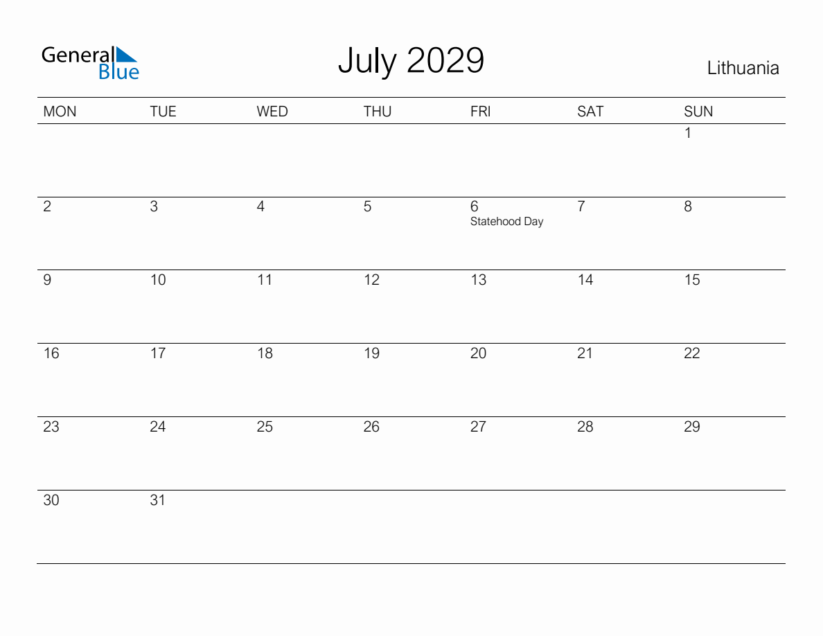 Printable July 2029 Monthly Calendar with Holidays for Lithuania ...