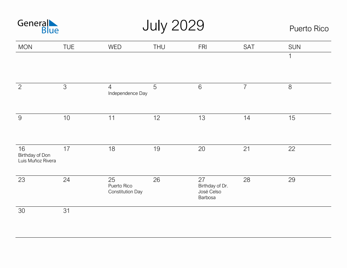 Printable July 2029 Monthly Calendar with Holidays for Puerto Rico ...