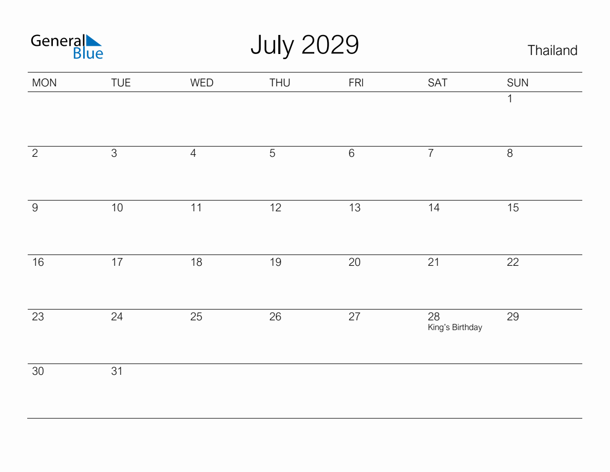 Printable July 2029 Monthly Calendar with Holidays for Thailand (Monday ...
