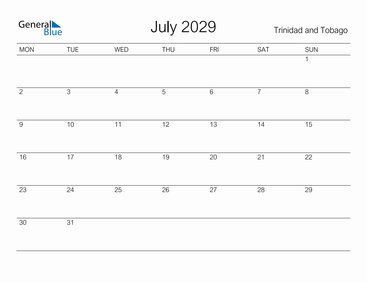 Printable July 2029 Monthly Calendar with Holidays for Trinidad and ...