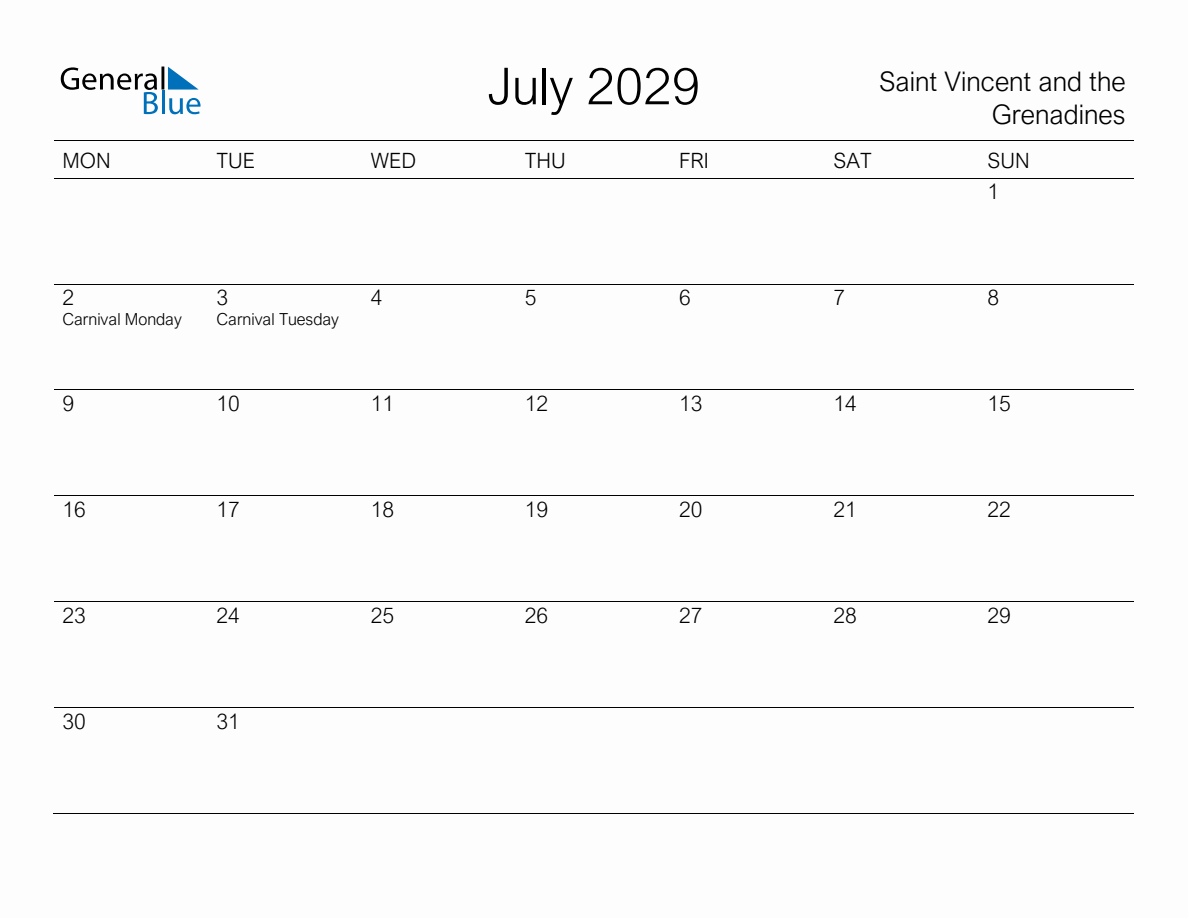 Printable July 2029 Monthly Calendar with Holidays for Saint Vincent ...