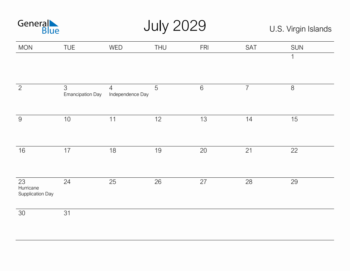 Printable July 2029 Monthly Calendar with Holidays for U.S. Virgin ...