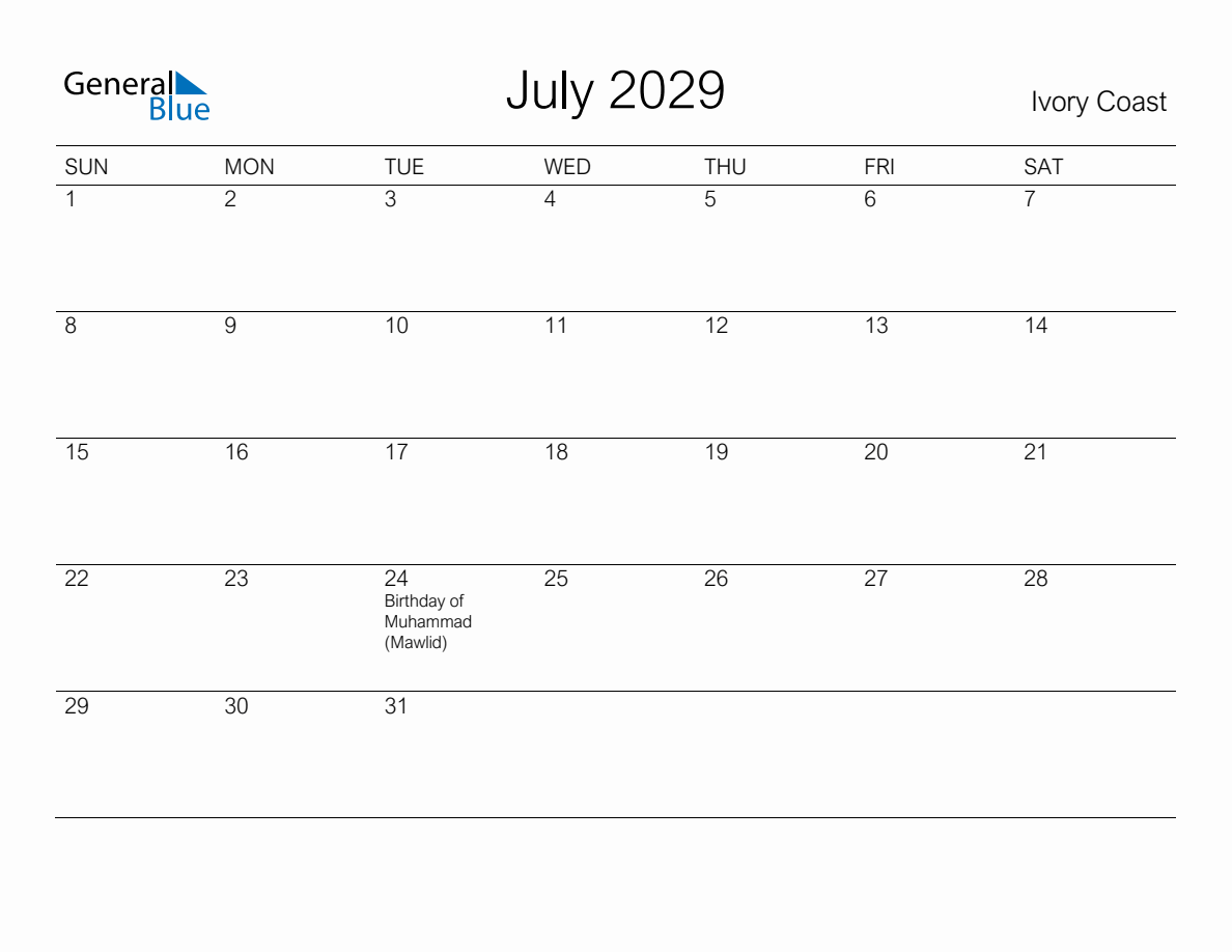 Printable July 2029 Monthly Calendar with Holidays for Ivory Coast
