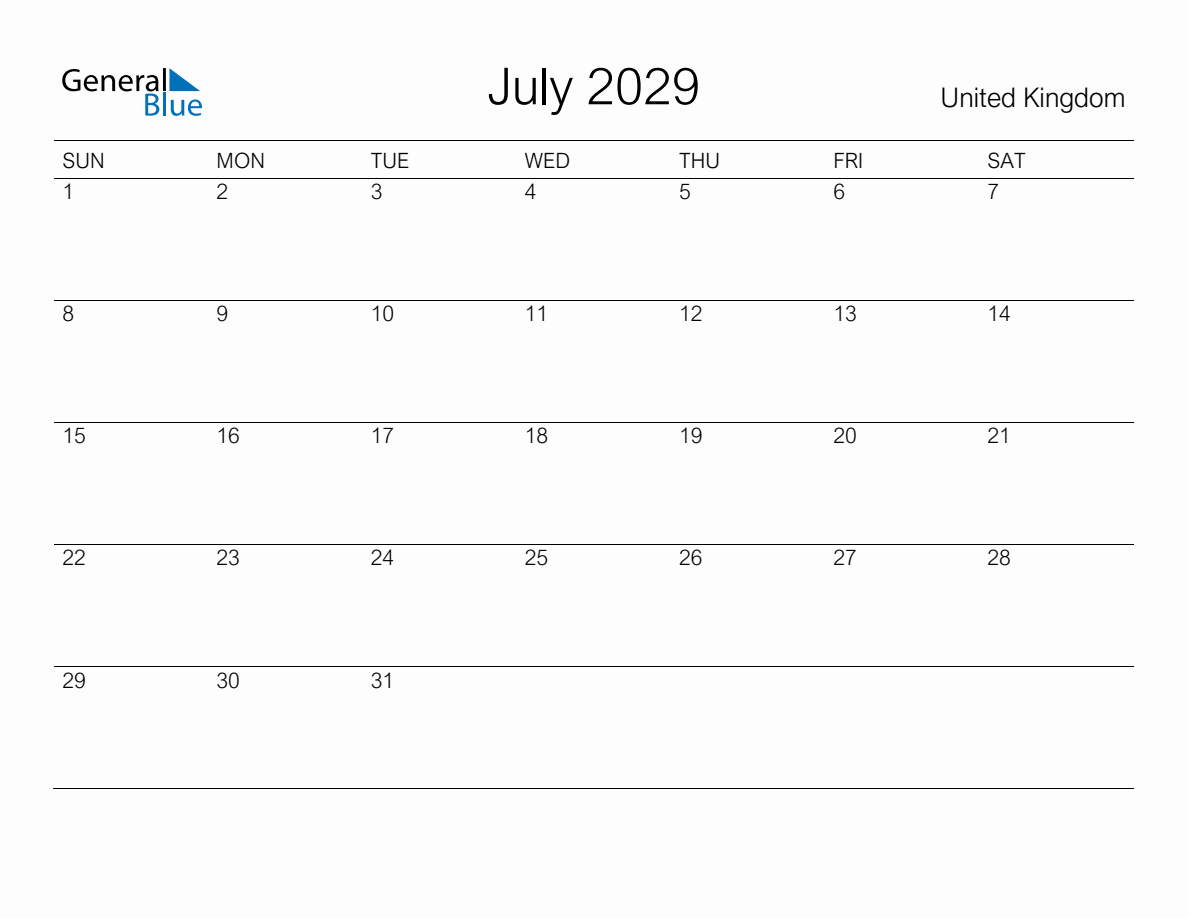 Printable July 2029 Monthly Calendar with Holidays for United Kingdom