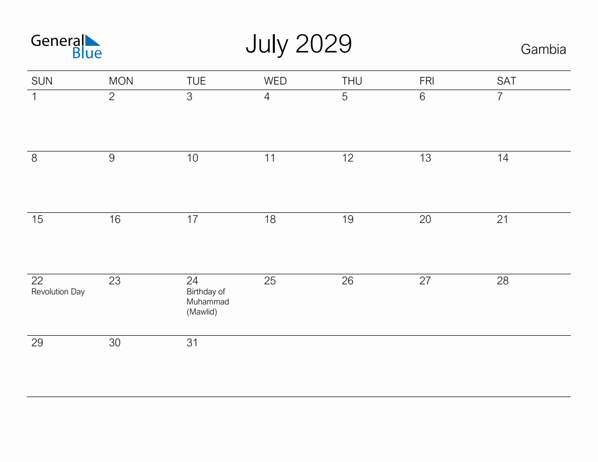Printable July 2029 Monthly Calendar with Holidays for Gambia