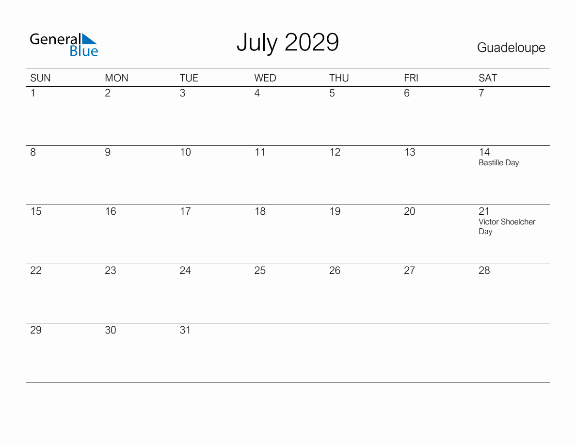 Printable July 2029 Monthly Calendar with Holidays for Guadeloupe