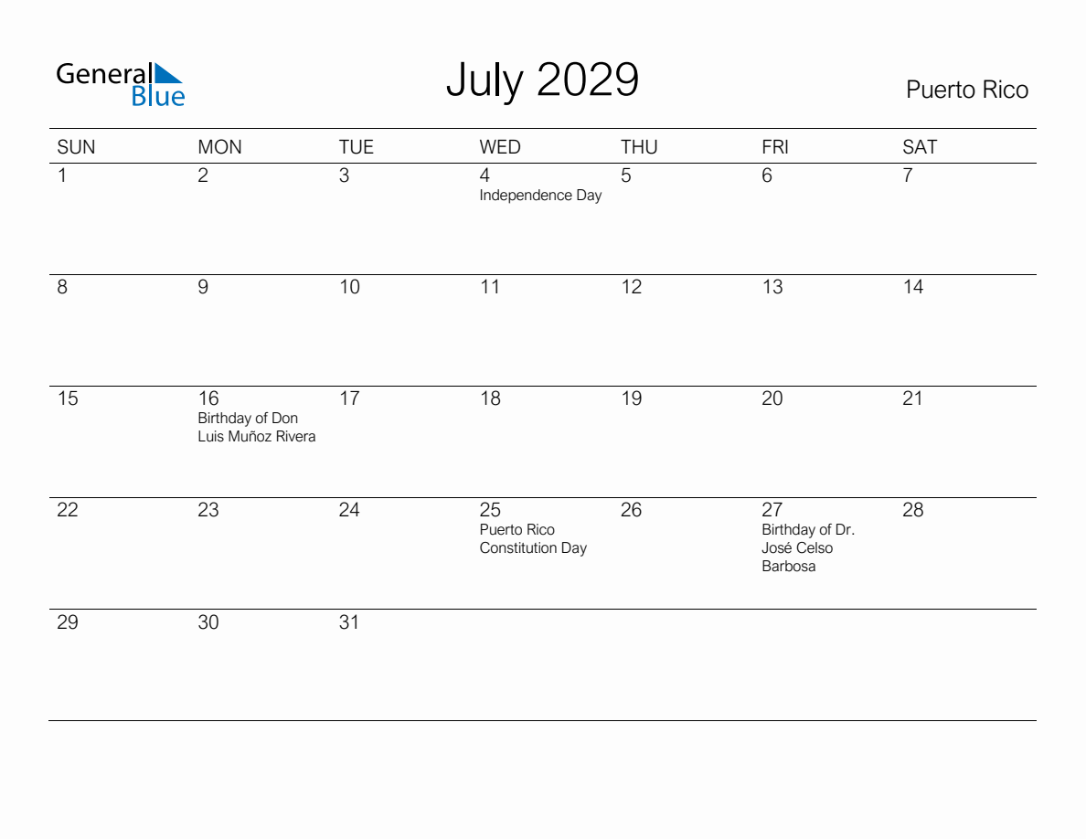 Printable July 2029 Monthly Calendar with Holidays for Puerto Rico