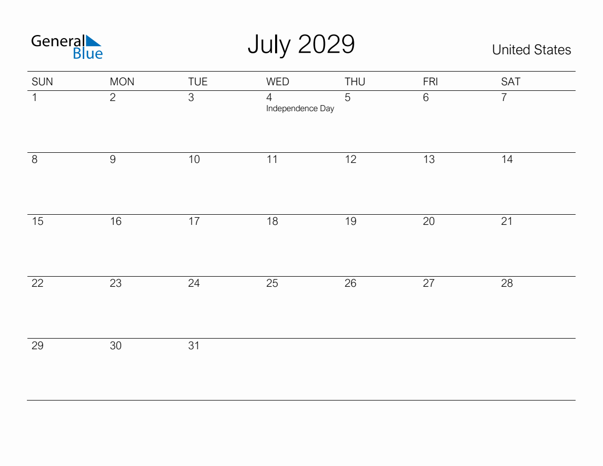 Printable July 2029 Monthly Calendar with Holidays for United States