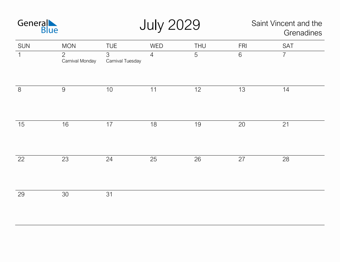 Printable July 2029 Monthly Calendar with Holidays for Saint Vincent ...