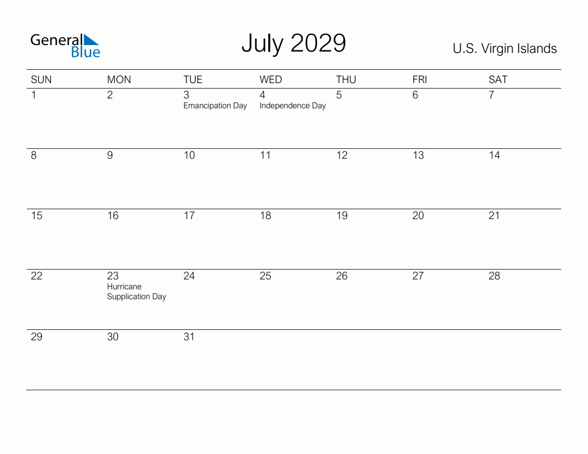 Printable July 2029 Monthly Calendar with Holidays for U.S. Virgin Islands