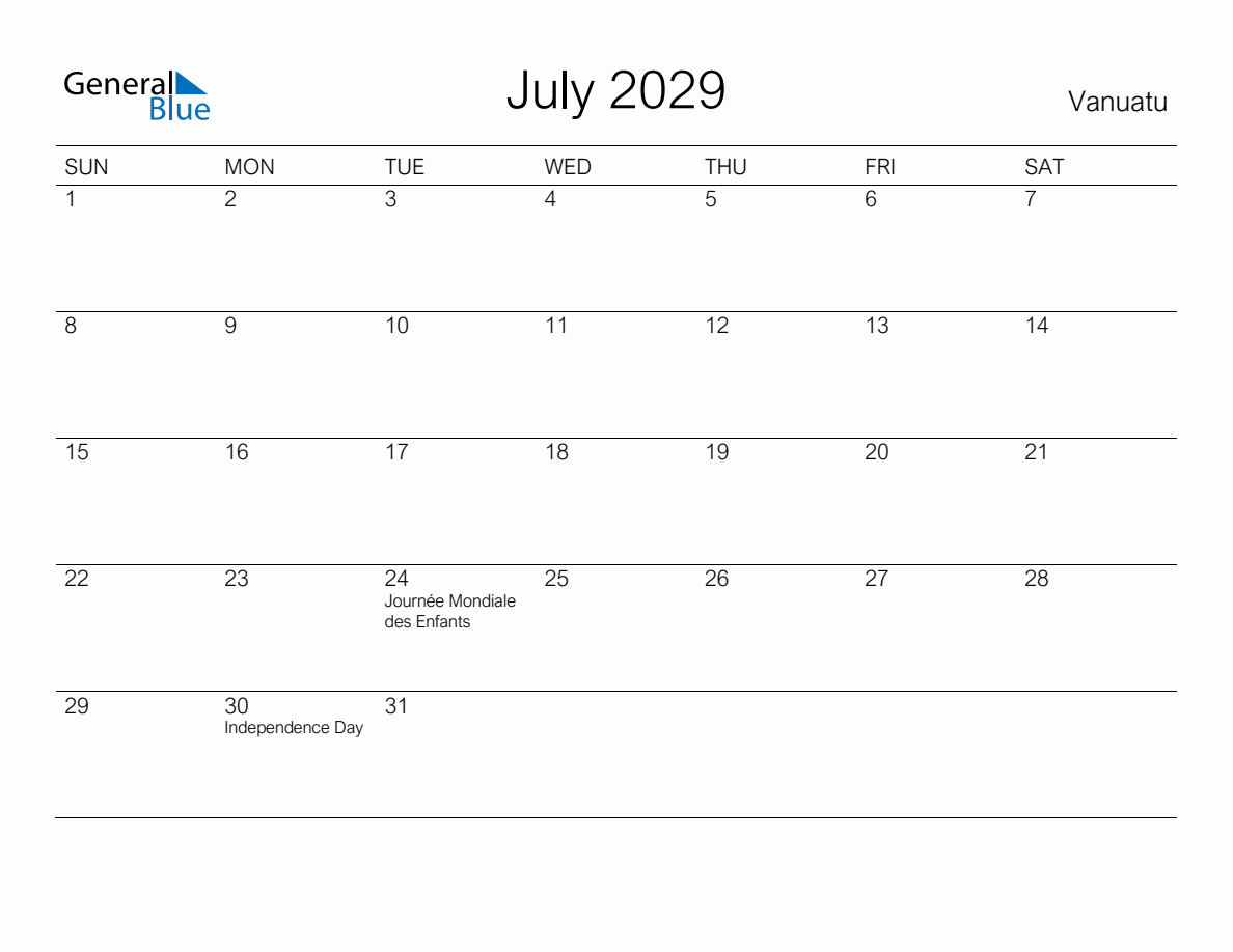 Printable July 2029 Monthly Calendar with Holidays for Vanuatu