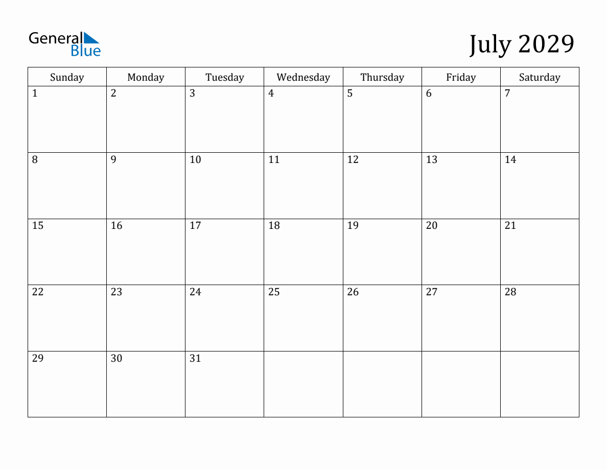 July 2029 Monthly Calendar