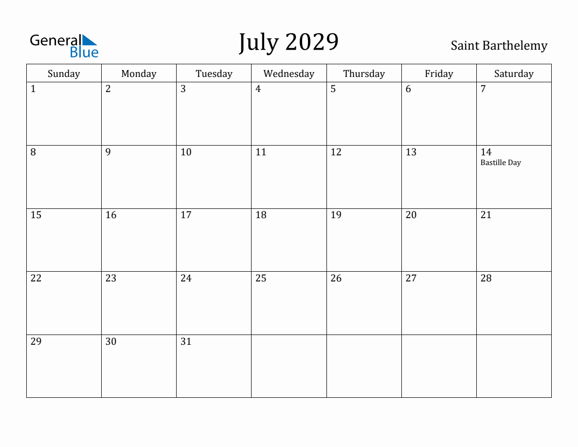 July 2029 Monthly Calendar with Saint Barthelemy Holidays