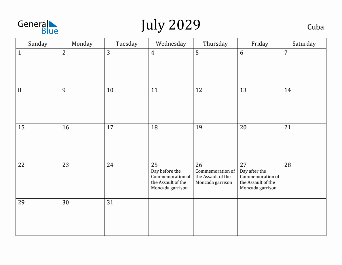 July 2029 Monthly Calendar with Cuba Holidays