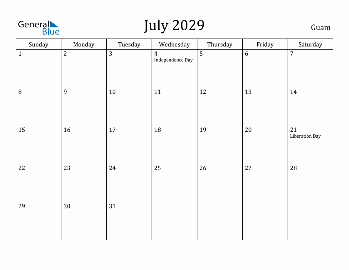 July 2029 Monthly Calendar with Guam Holidays