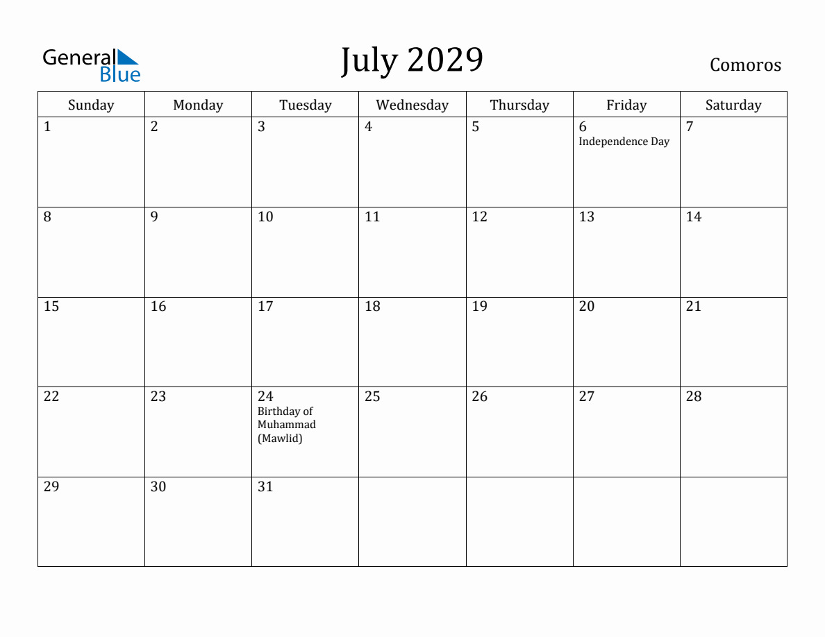 July 2029 Monthly Calendar with Comoros Holidays