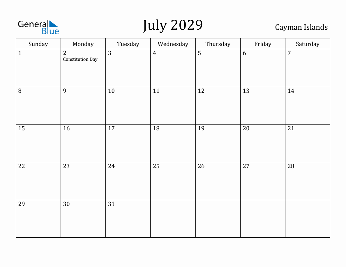 July 2029 Monthly Calendar with Cayman Islands Holidays