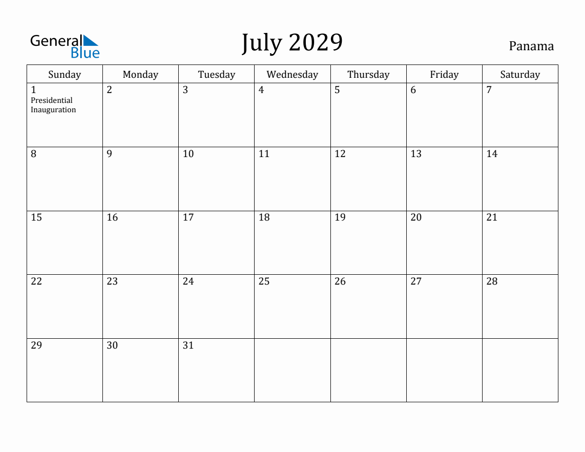 July 2029 Monthly Calendar with Panama Holidays