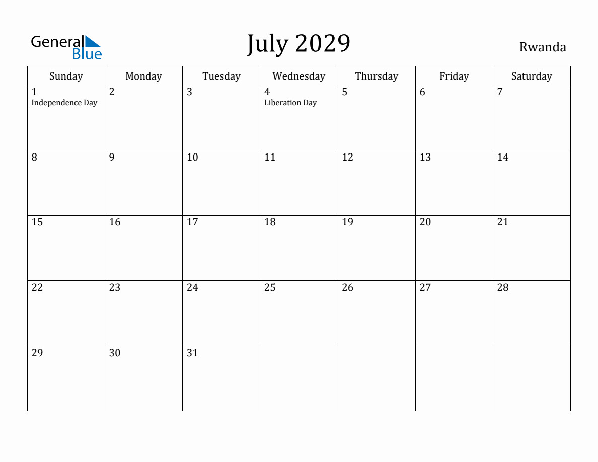 July 2029 Monthly Calendar with Rwanda Holidays
