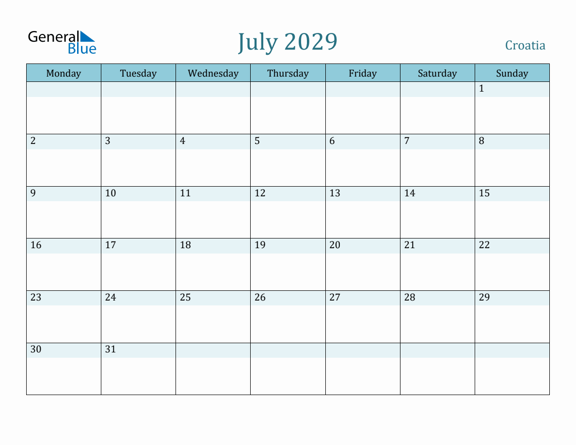 Croatia Holiday Calendar for July 2029 (Monday Start)