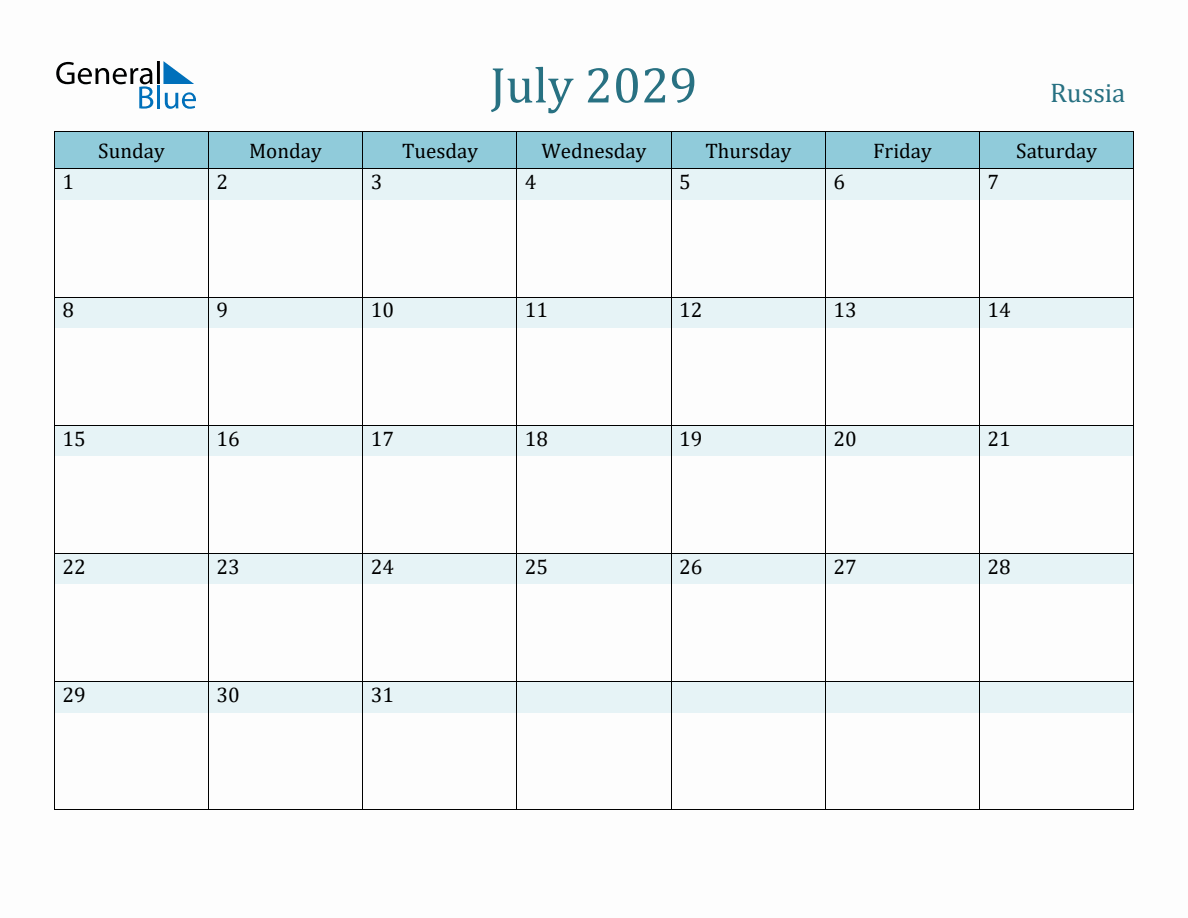 Russia Holiday Calendar for July 2029