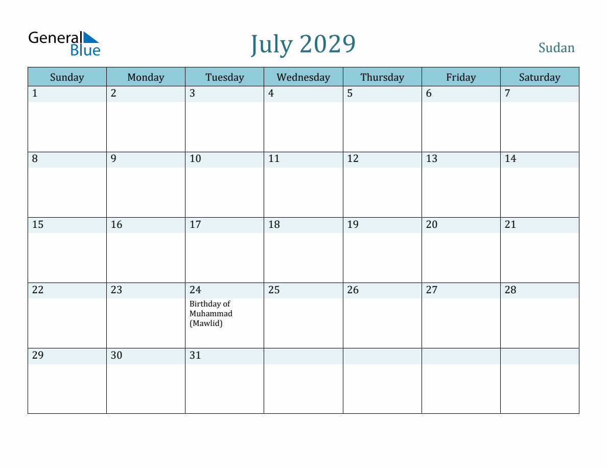 Sudan Holiday Calendar for July 2029