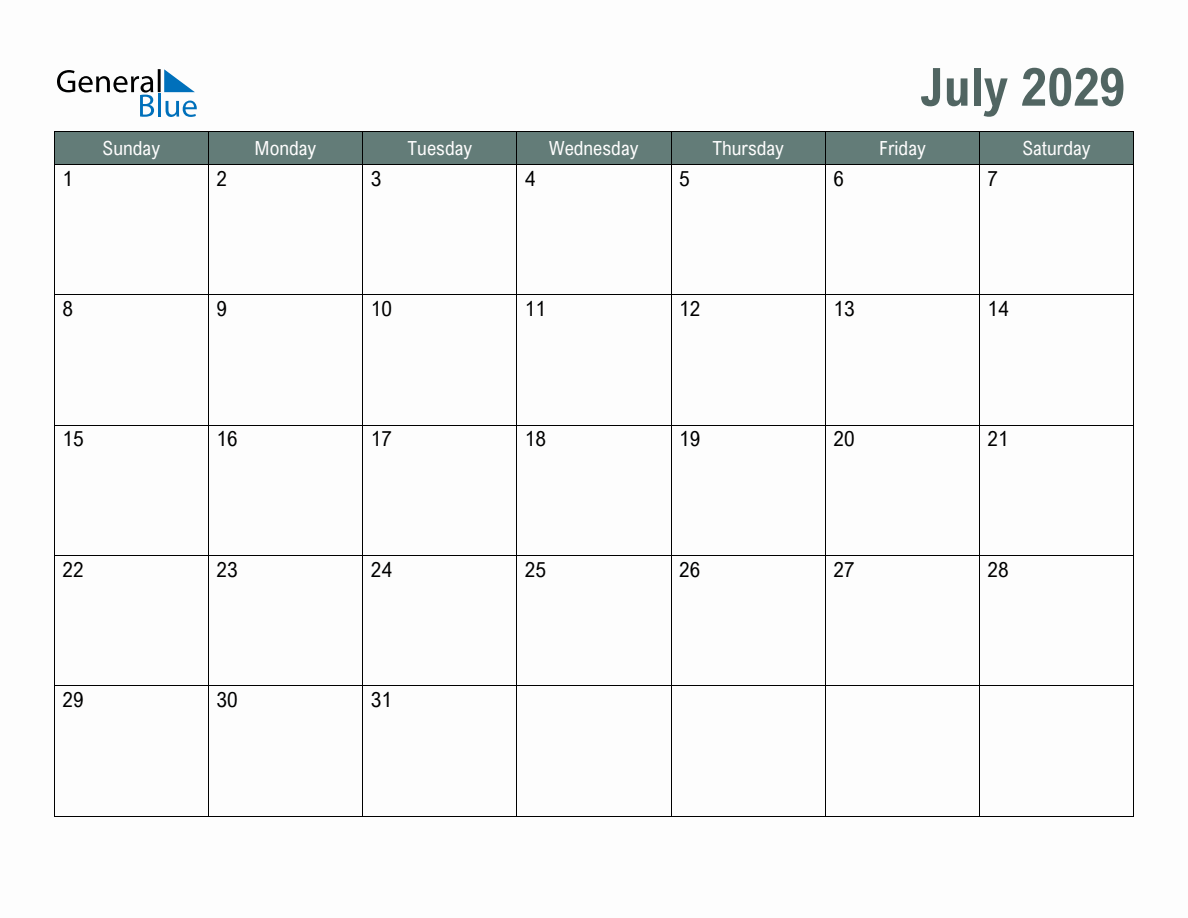 Blank July 2029 Monthly Calendar Template