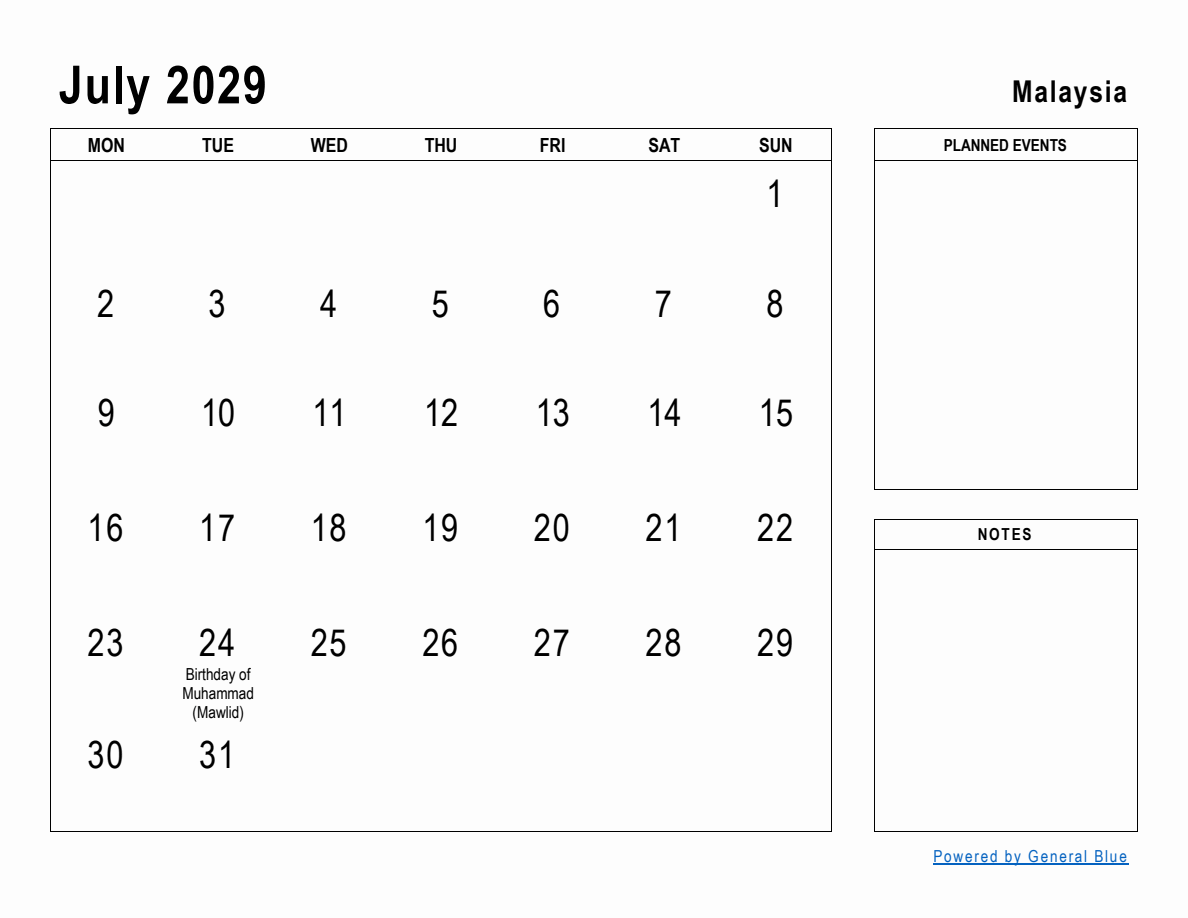 July 2029 Planner with Malaysia Holidays (Monday Start)