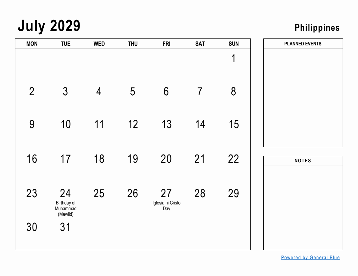 July 2029 Planner with Philippines Holidays (Monday Start)