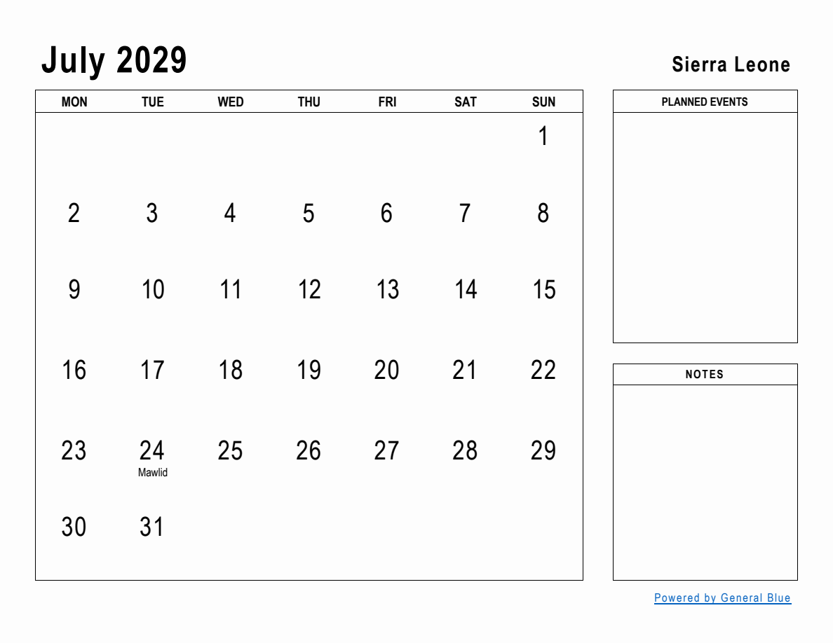 July 2029 Planner with Sierra Leone Holidays (Monday Start)