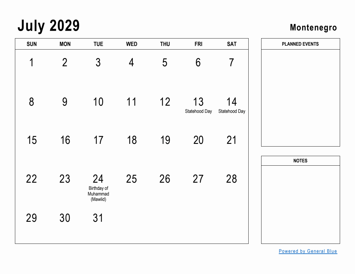 July 2029 Planner with Montenegro Holidays