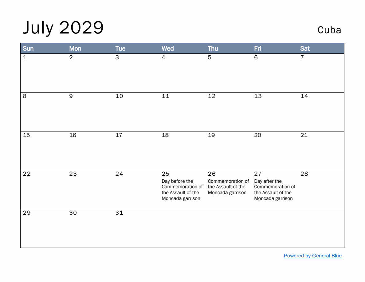 Free Monthly Calendar Template for July 2029 with Cuba Holidays