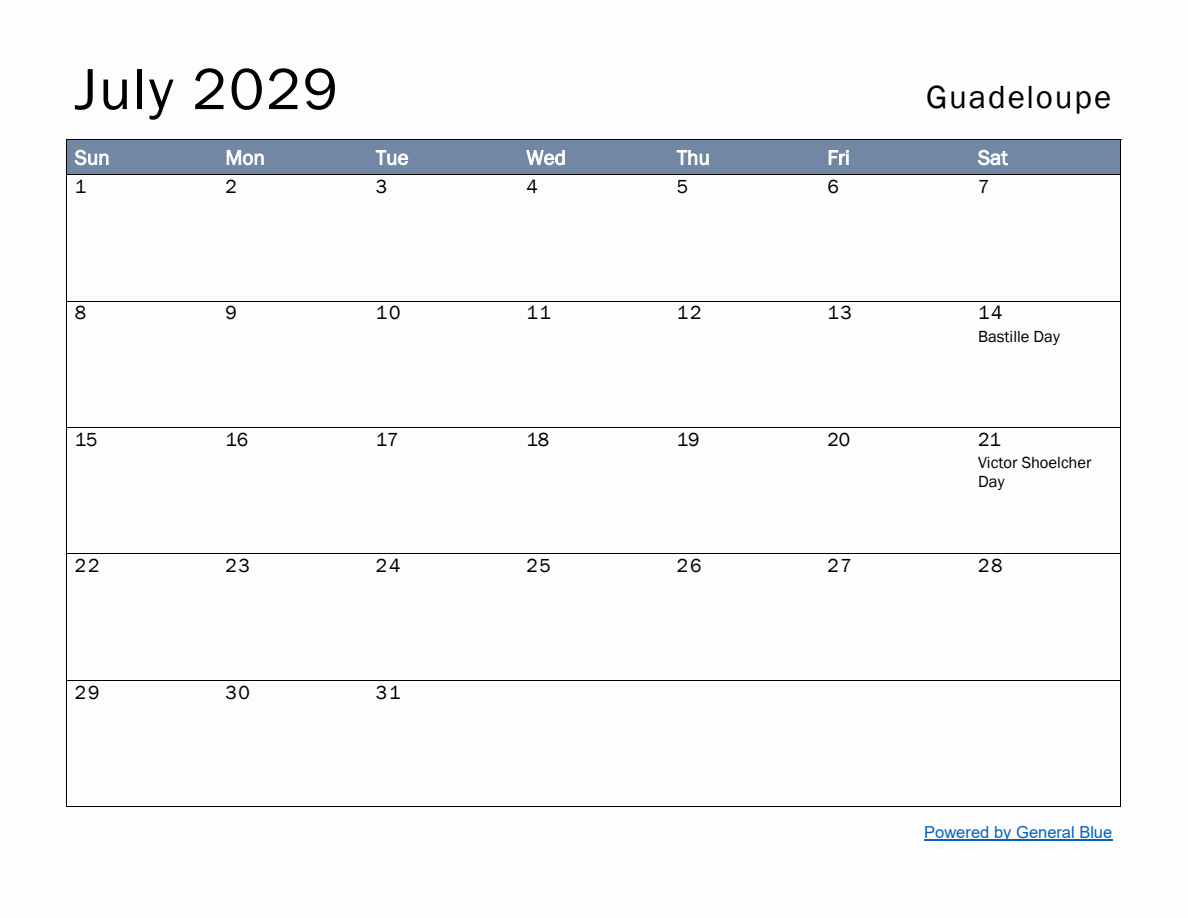 Free Monthly Calendar Template for July 2029 with Guadeloupe Holidays