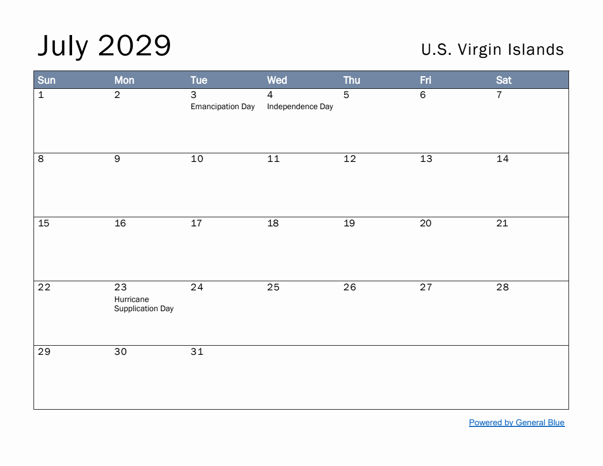 Free Monthly Calendar Template for July 2029 with U.S. Virgin Islands ...