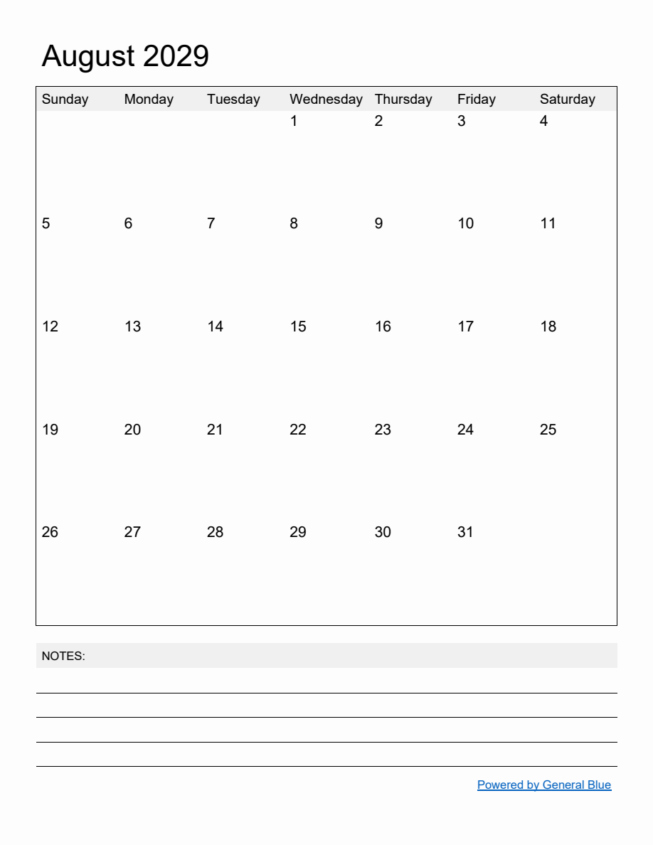 Free Printable Monthly Calendar for August 2029
