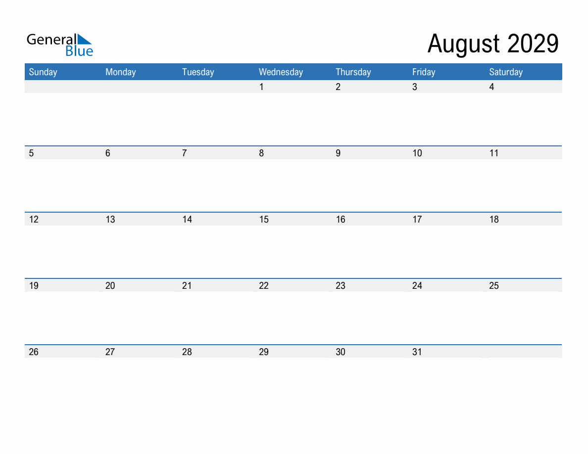 August 2029 Monthly Calendar (PDF, Word, Excel)