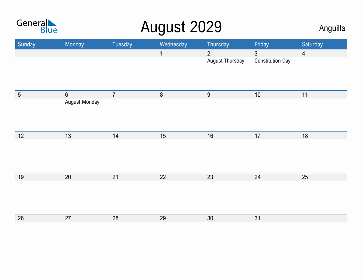 Editable August 2029 Calendar with Anguilla Holidays