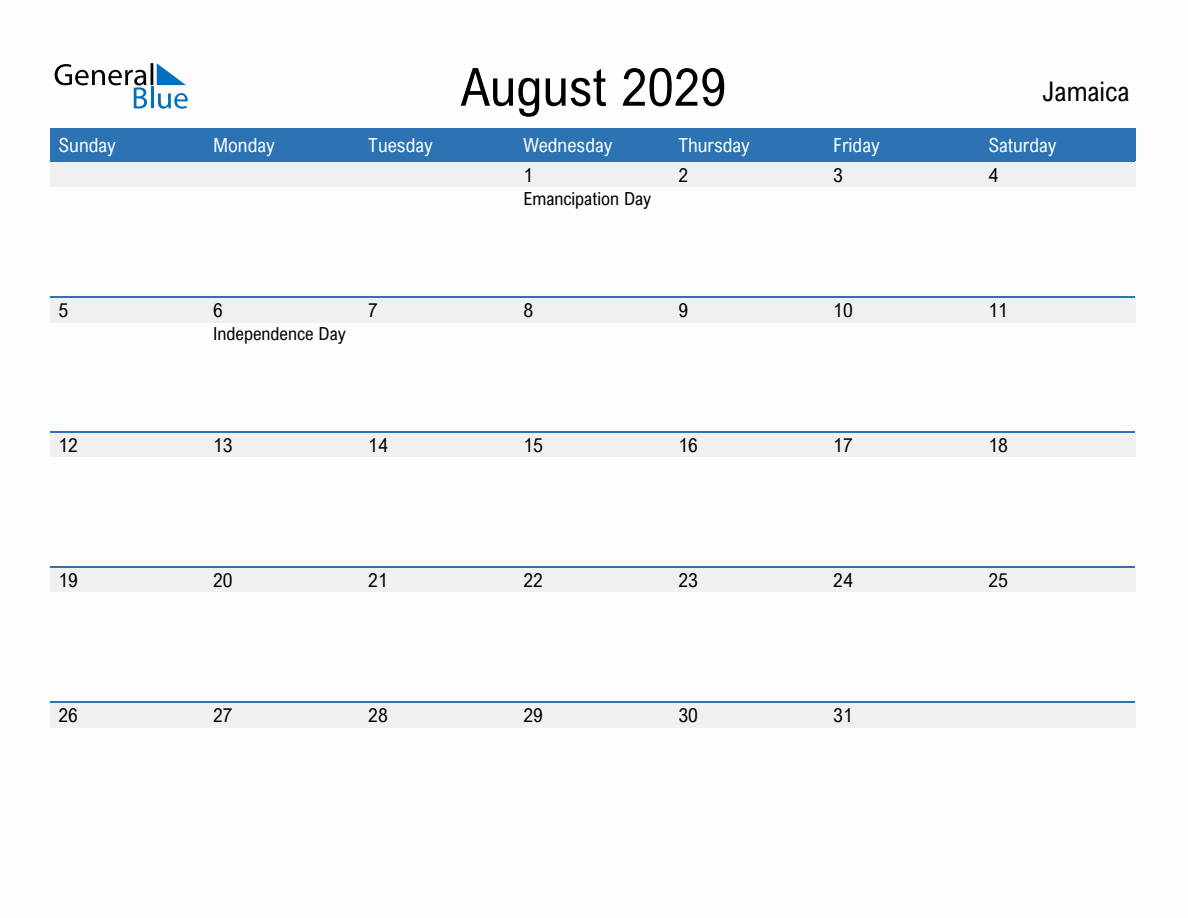 August 2029 Monthly Calendars with Jamaica Holidays