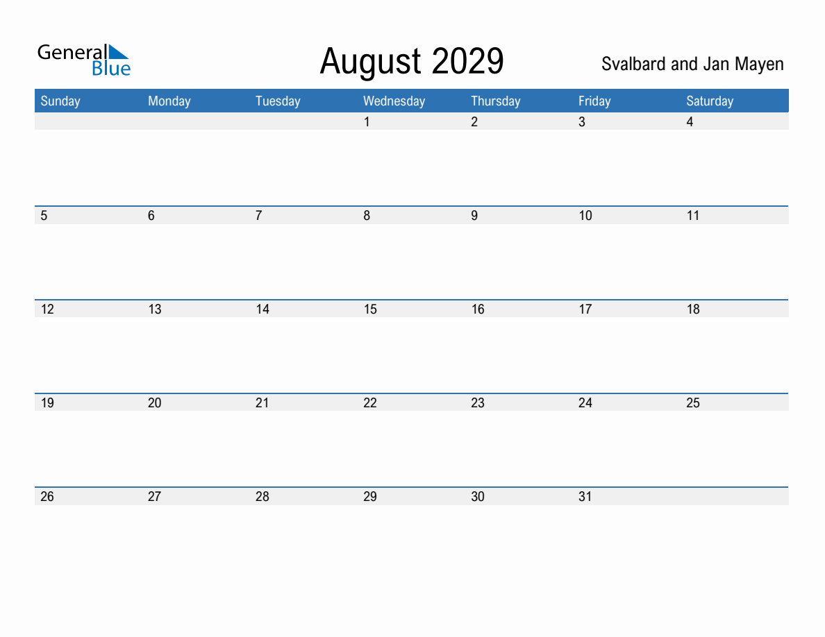 August 2029 Monthly Calendars with Svalbard and Jan Mayen Holidays