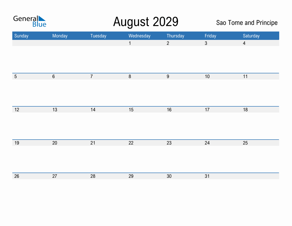 August 2029 Monthly Calendars with Sao Tome and Principe Holidays