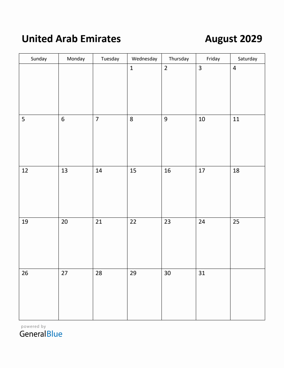 Free Printable August 2029 Calendar for United Arab Emirates