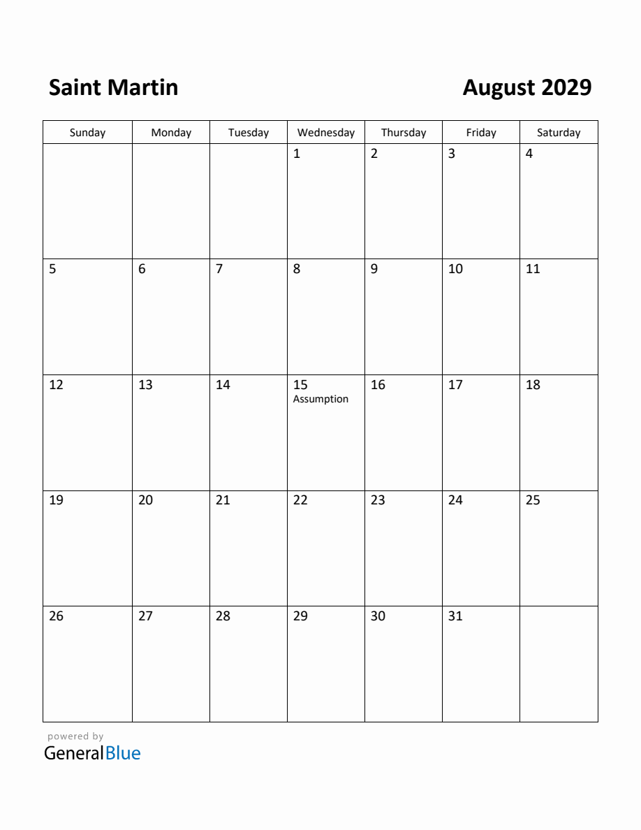 Free Printable August 2029 Calendar for Saint Martin