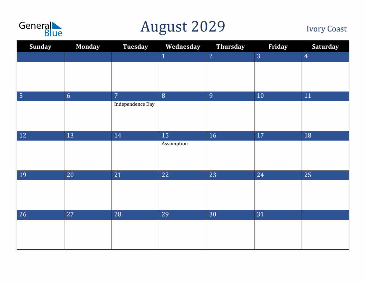 August 2029 Ivory Coast Holiday Calendar
