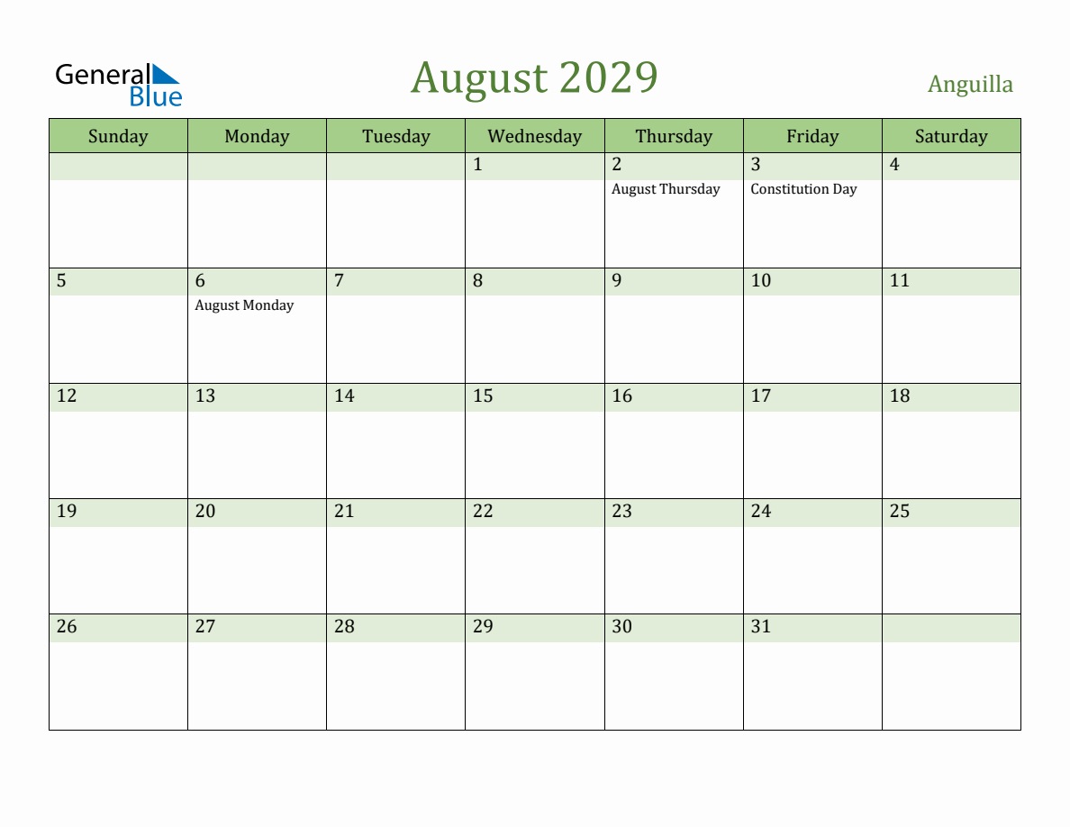 Fillable Holiday Calendar for Anguilla - August 2029