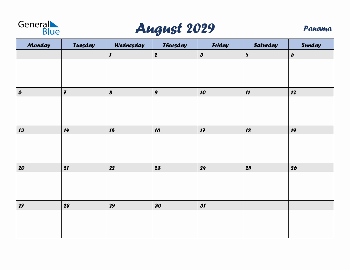 August 2029 Monthly Calendar Template with Holidays for Panama (Monday ...