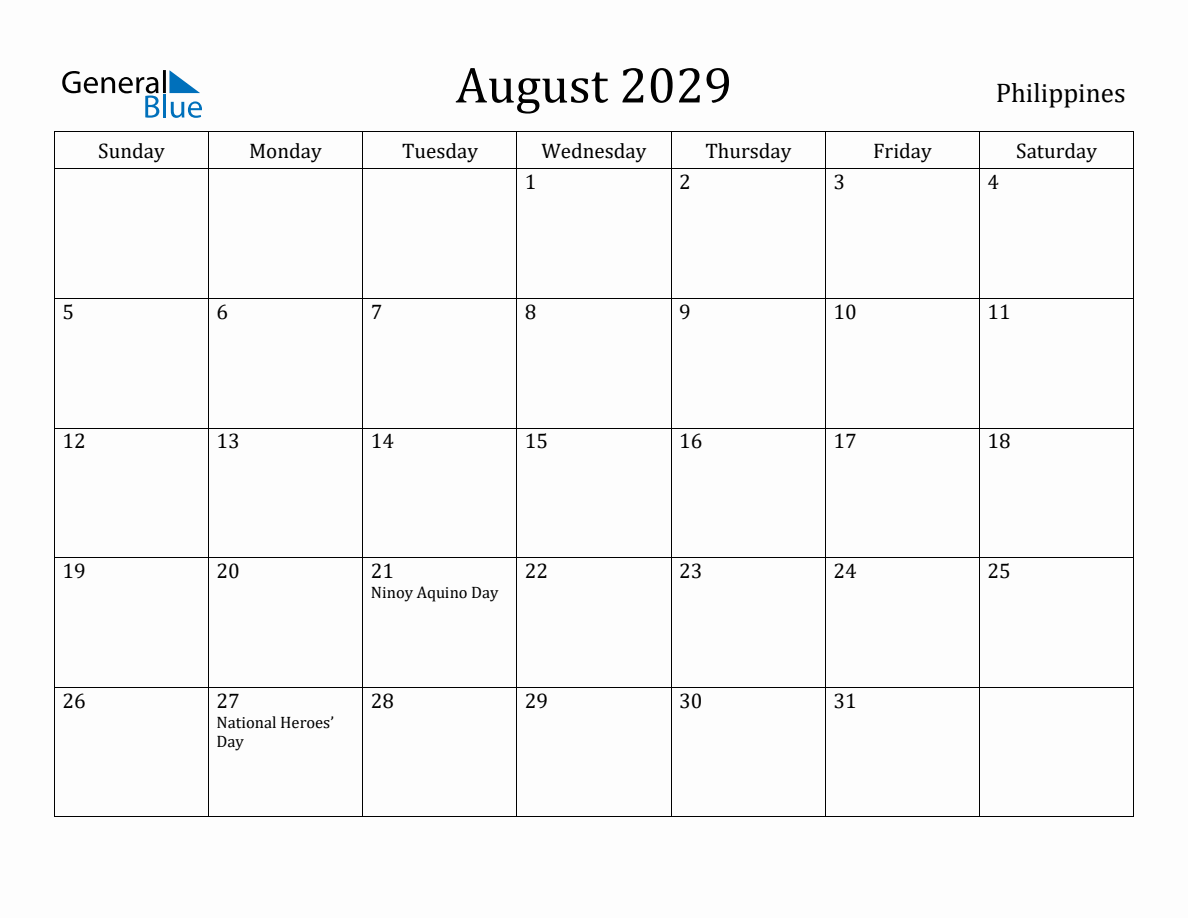 August 2029 Monthly Calendar with Philippines Holidays