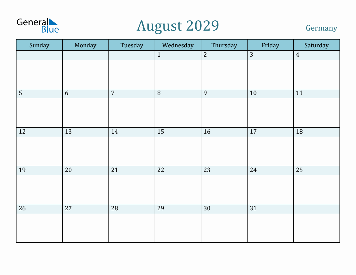 Germany Holiday Calendar for August 2029